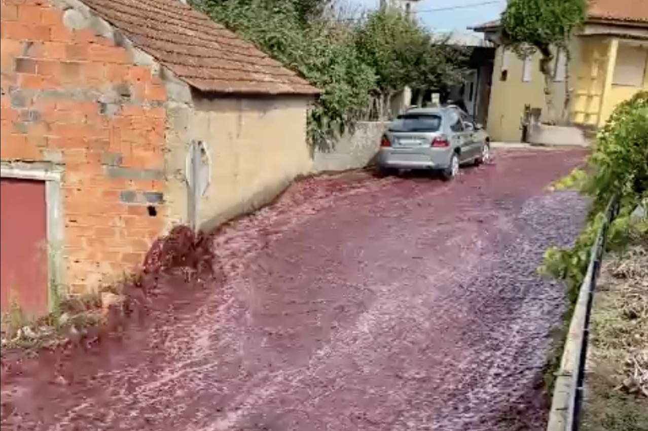 Cascades Of Red Wine Flood A Citys Streets In Portugal After Huge